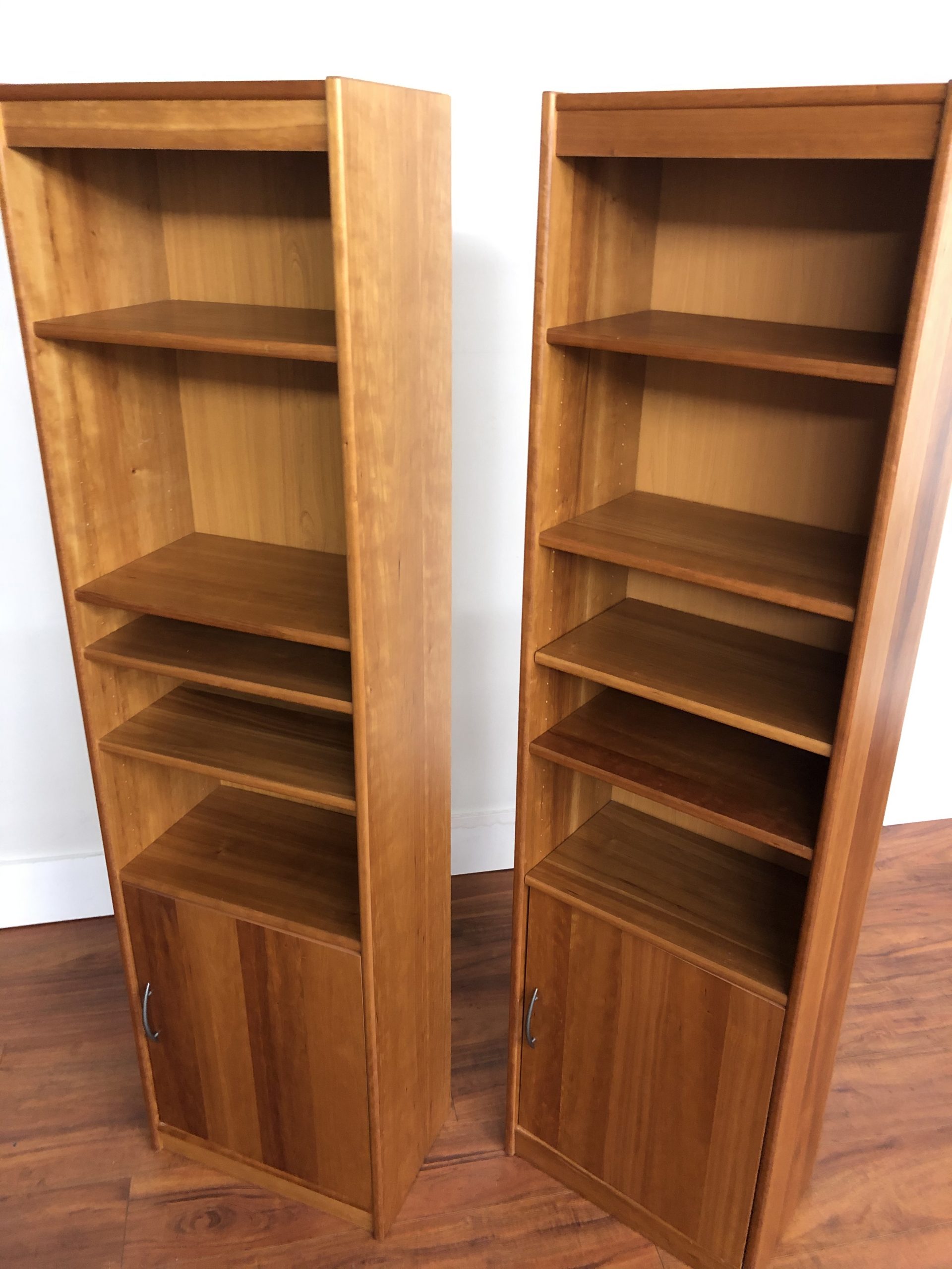 SOLD - Danish Cherry Narrow Bookcases / Cabinets - Modern to Vintage